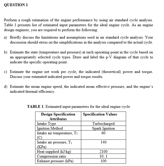 QUESTION 1 Perform a rough estimation of the engine | Chegg.com