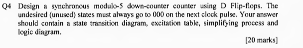 Solved 04 Design a synchronous modulo-5 down-counter counter | Chegg.com