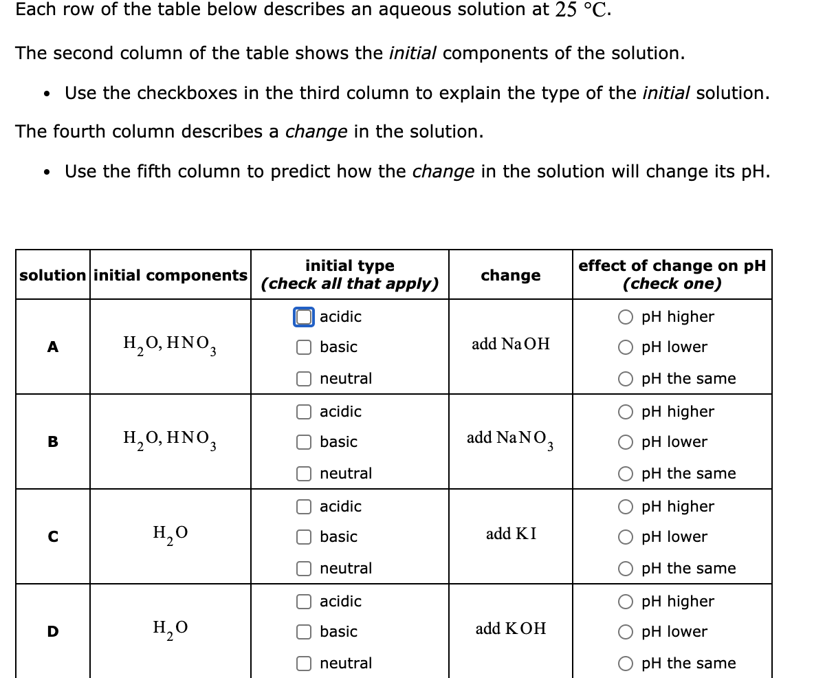 Solved Each row of the table below describes an aqueous | Chegg.com