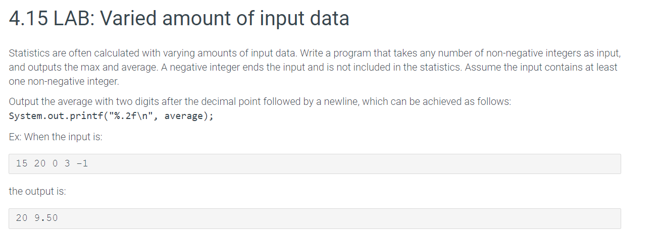 Solved 4.15 LAB: Varied amount of input data Statistics are | Chegg.com