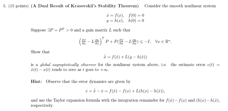 5. (15 points) (A Dual Result of Krasovskii's | Chegg.com