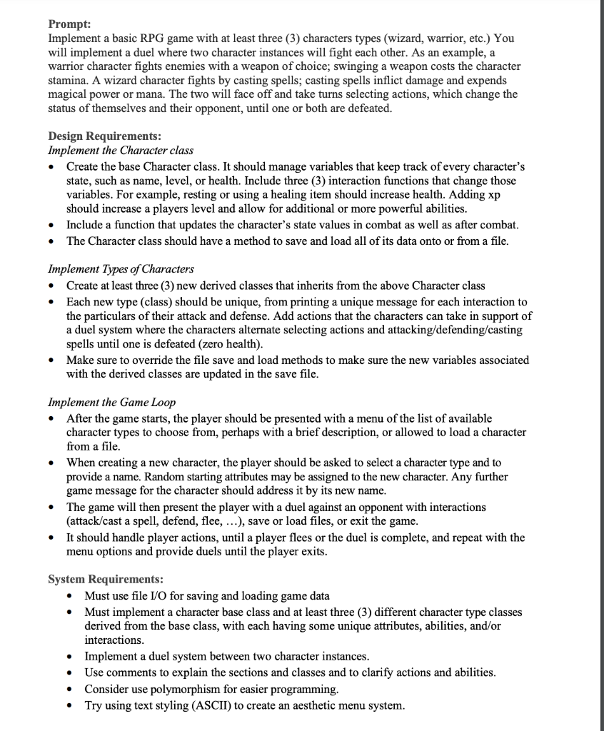 Solved Prompt: Implement a basic RPG game with at least | Chegg.com