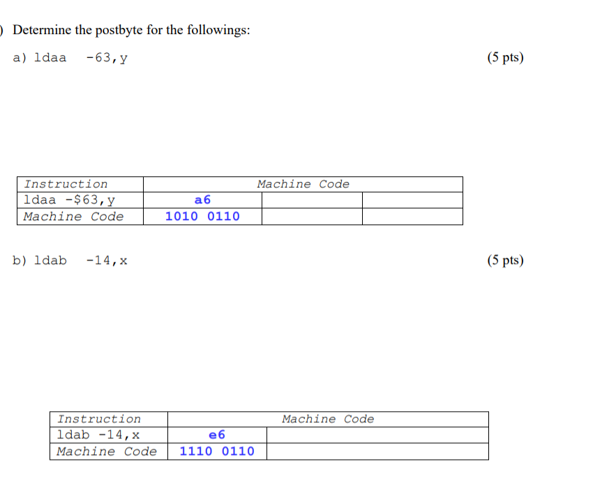 Determine the postbyte for the followings: a) ldaa | Chegg.com