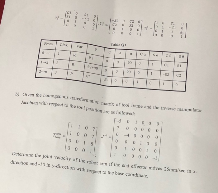 SECTION B QUESTION 1 a) Given the arm matrix and the | Chegg.com