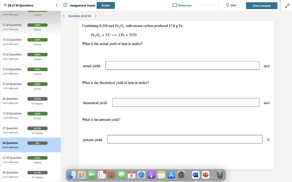 Solved != 28 of 30 Questions Assignment Score: 83.6% | Chegg.com