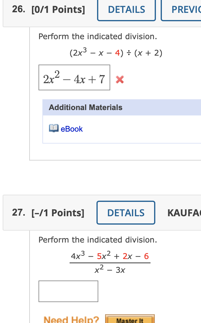 Solved 26. [0/1 Points] DETAILS PREVIO Perform the indicated | Chegg.com