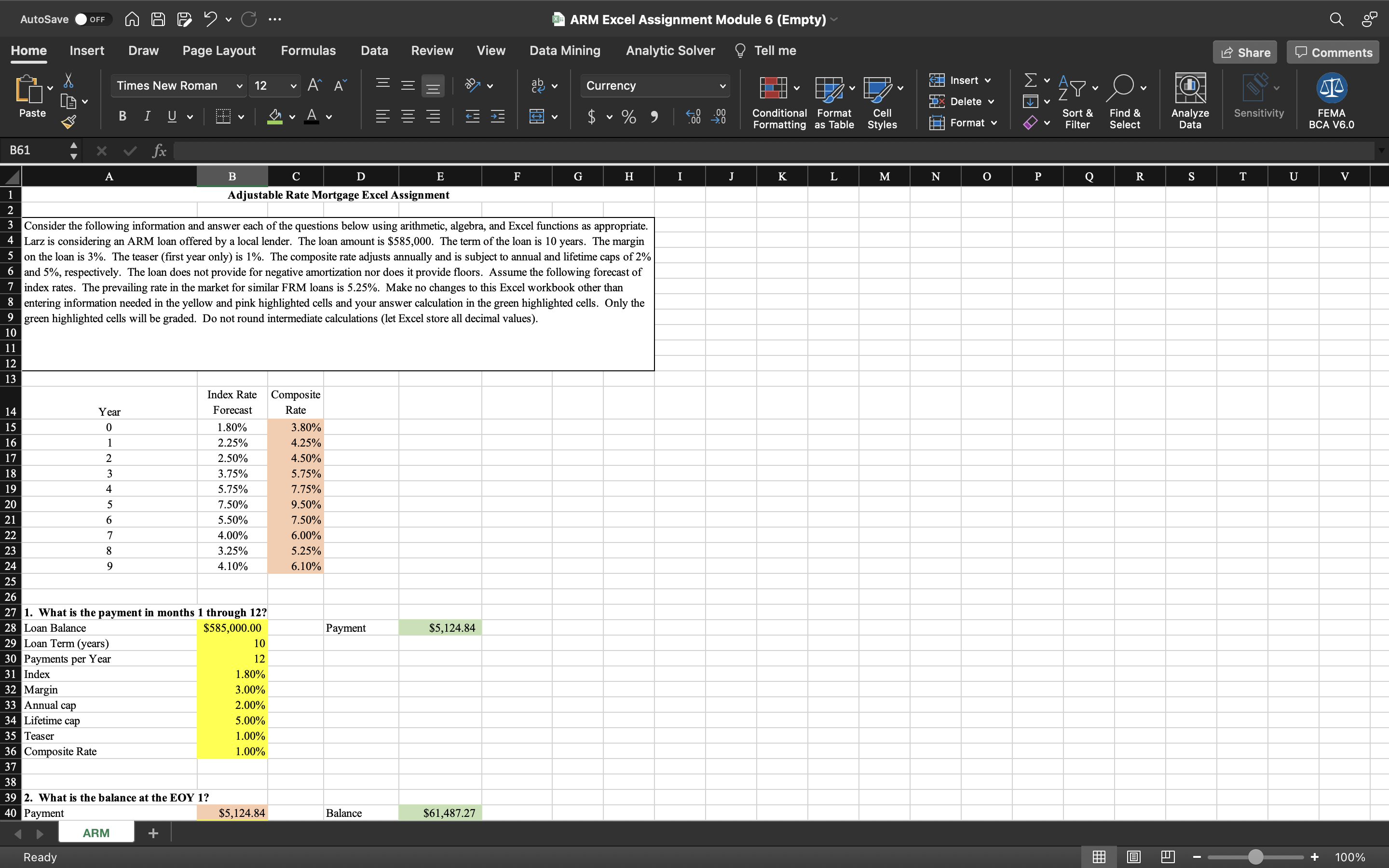 ARM Excel Assignment Module 6 (Empty) Home Insert | Chegg.com
