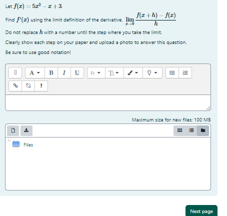 Solved Let f(x)=5x2−x+3. Find f′(x) using the limit | Chegg.com