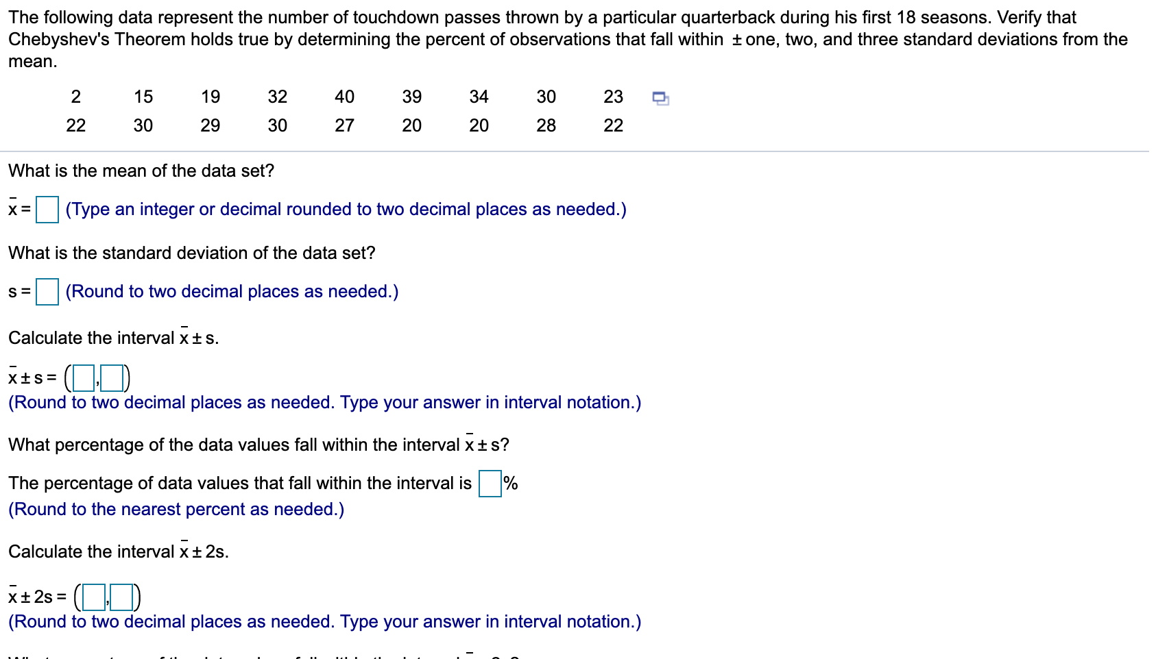 Solved The following data represent the number of touchdown | Chegg.com