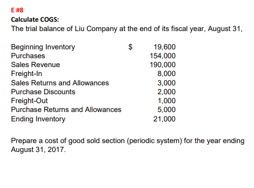Solved E \#8 Calculate COGS: The trial balance of Liu | Chegg.com