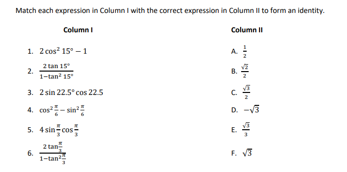 Solved Match each expression in Column I with the correct | Chegg.com