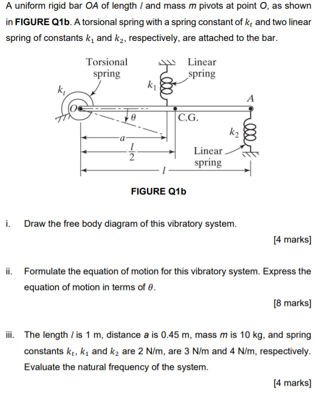 Solved A uniform rigid bar OA of length I and mass m pivots | Chegg.com