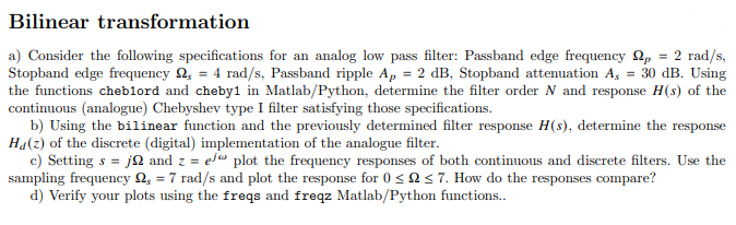 Solved = Bilinear transformation a) Consider the following | Chegg.com