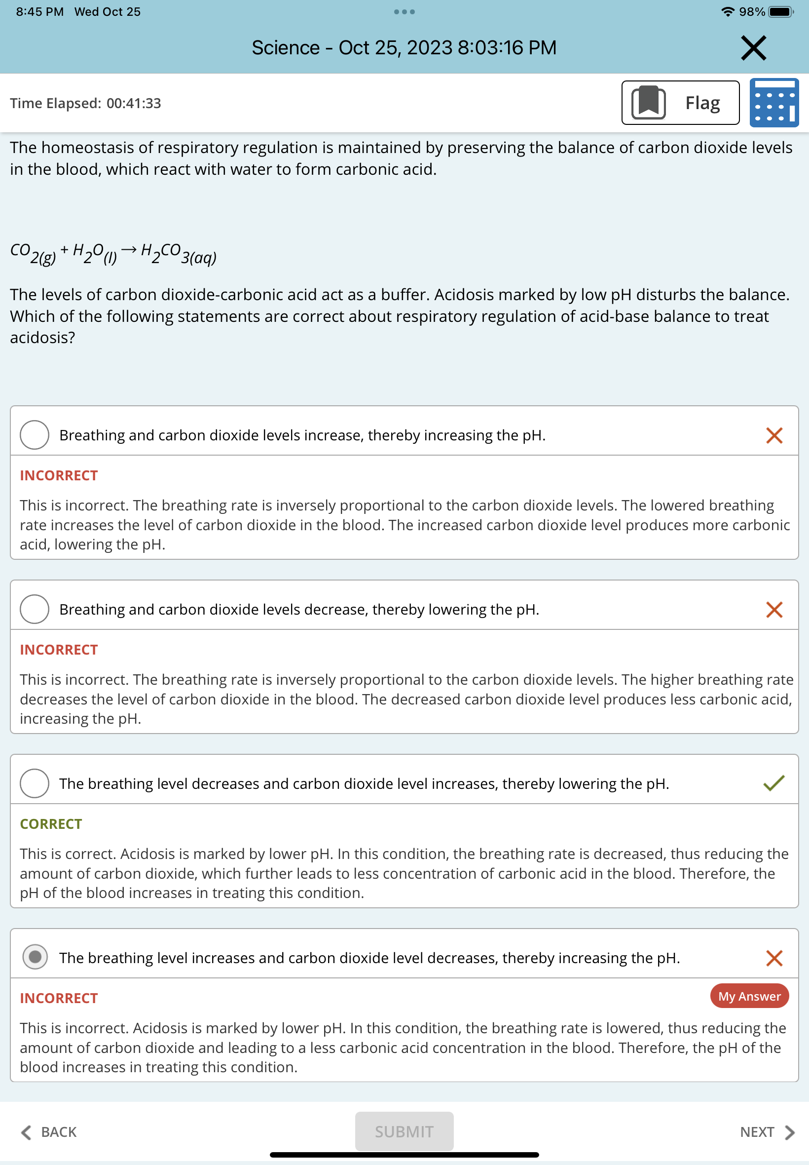 Solved Time Elapsed: 00:41:33 The homeostasis of respiratory | Chegg.com