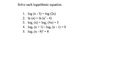 Solved Solve each logarithmic equation. 1. log (x - 3) = log | Chegg.com