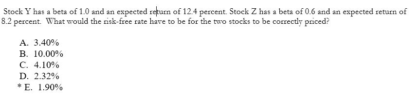 Solved Stock Y ﻿has a beta of 1.0 ﻿and an ﻿expected return | Chegg.com