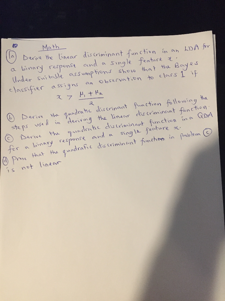 Solved Math Derive the linear discriminant function in an | Chegg.com