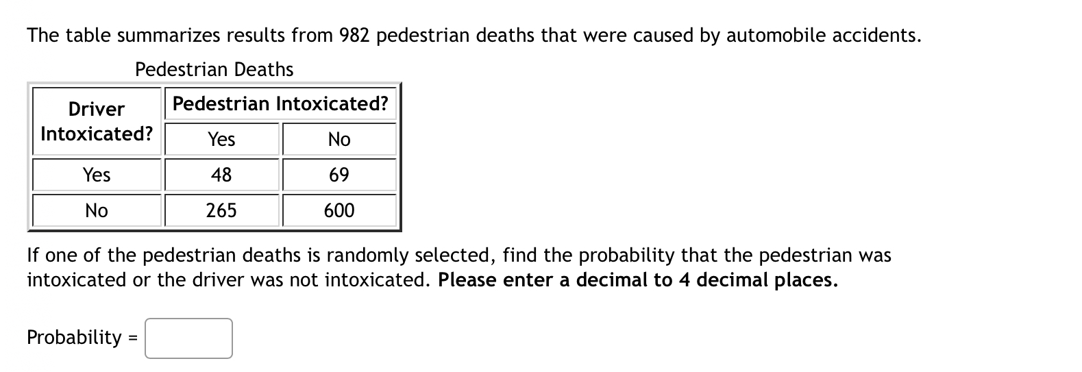 Solved The table summarizes results from 982 pedestrian | Chegg.com