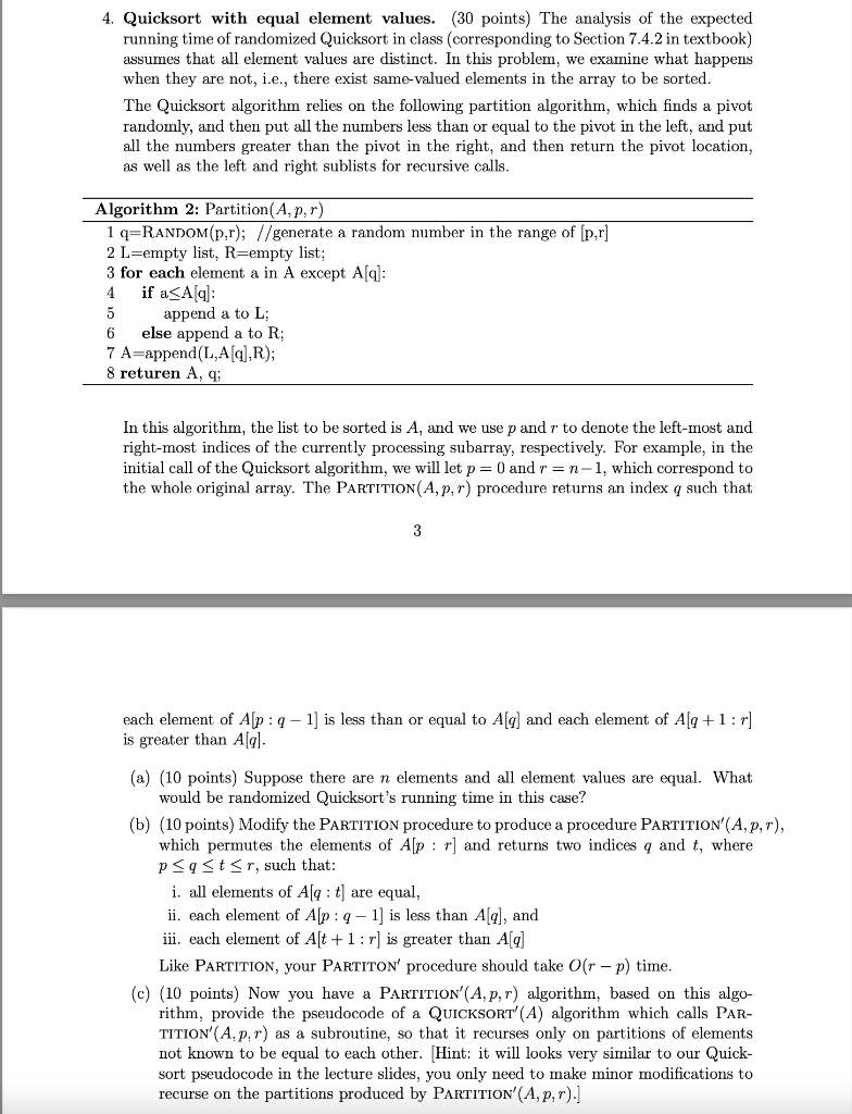 Solved 4. Quicksort with equal element values. (30 points) | Chegg.com