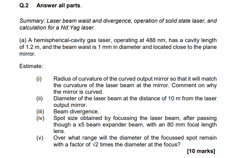 Solved Q.2 Answer all parts. Summary: Laser beam waist and | Chegg.com