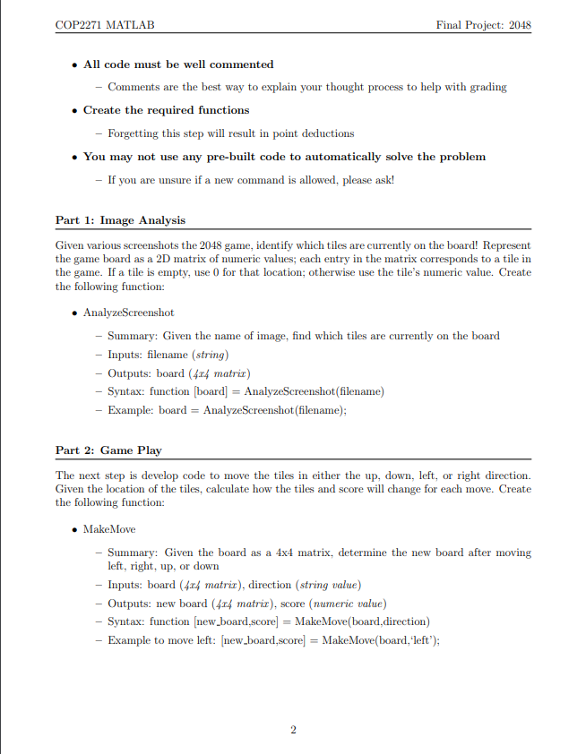 COP2271 MATLAB Final Project: 2048 Final Project: | Chegg.com
