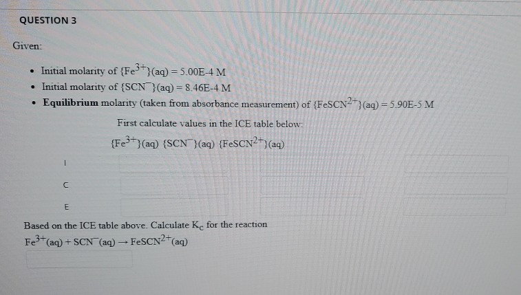 Solved QUESTION 3 Given: • Initial molarity of {Fe3+ (aq) = | Chegg.com