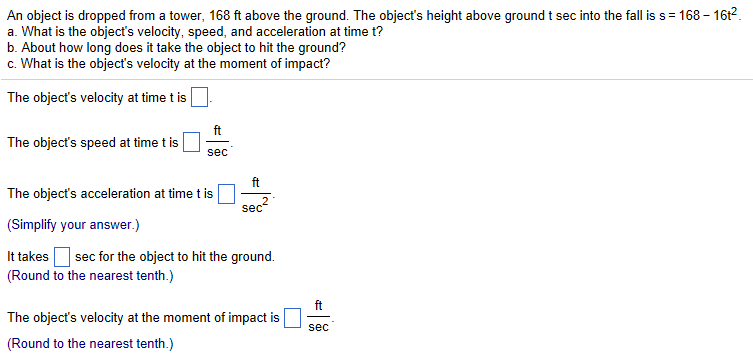 Solved An object is dropped from a tower, 168 ft above the | Chegg.com