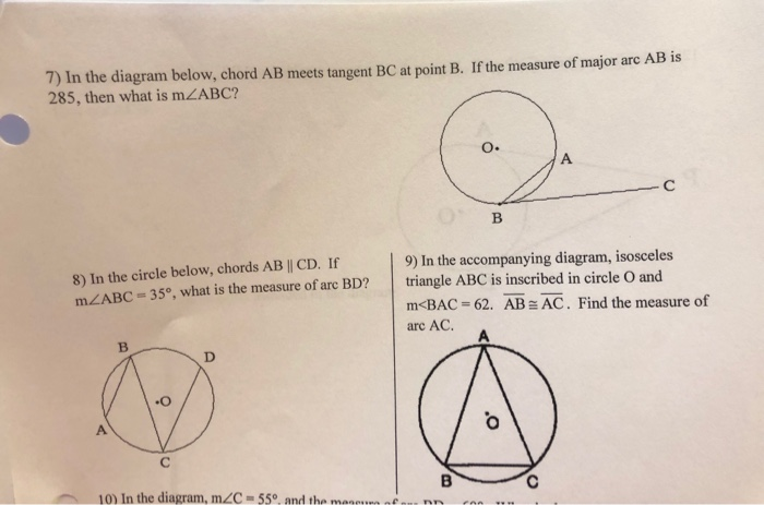 Solved 7) In the diagram below, chord AB meets tangent BC at | Chegg.com