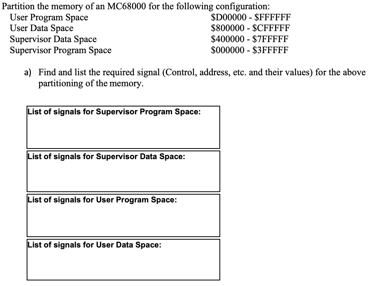 Solved Partition the memory of an MC68000 for the following | Chegg.com