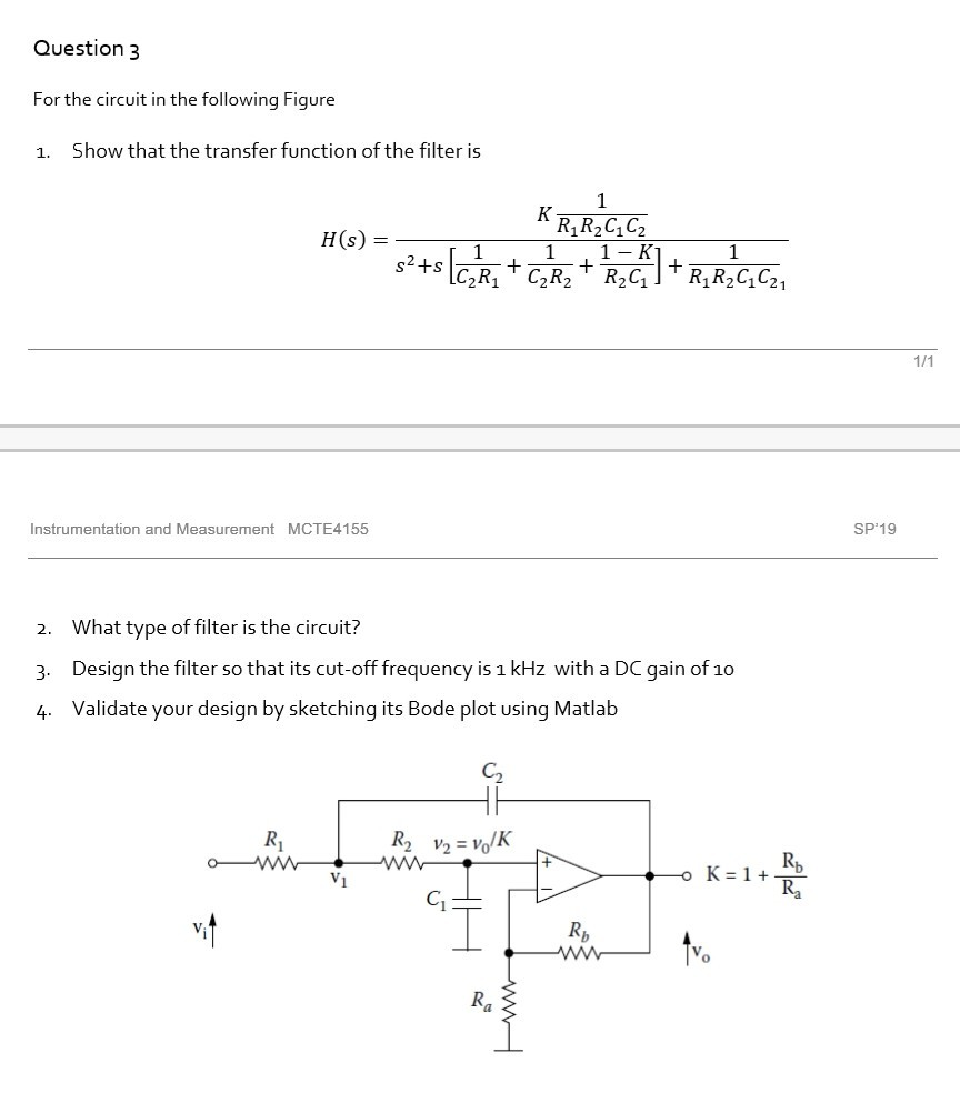 Solved Question 3 For the circuit in the following Figure 1, | Chegg.com