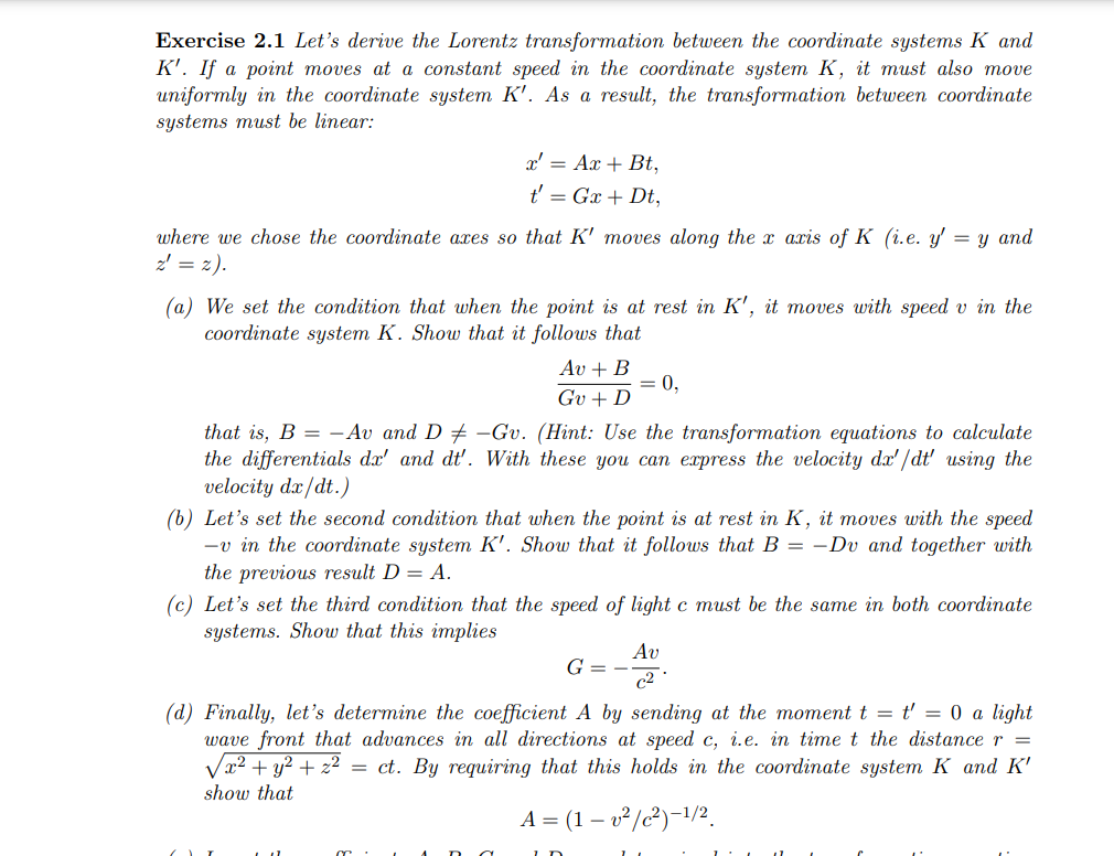 Solved Exercise 2.1 Let's derive the Lorentz transformation | Chegg.com