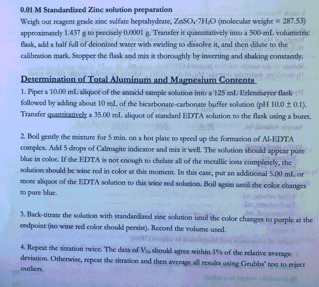 TO 0.01 M Standardized Zinc solution preparation si | Chegg.com
