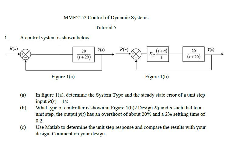 Solved MME2152 Control of Dynamic Systems Tutorial 5 1. A | Chegg.com