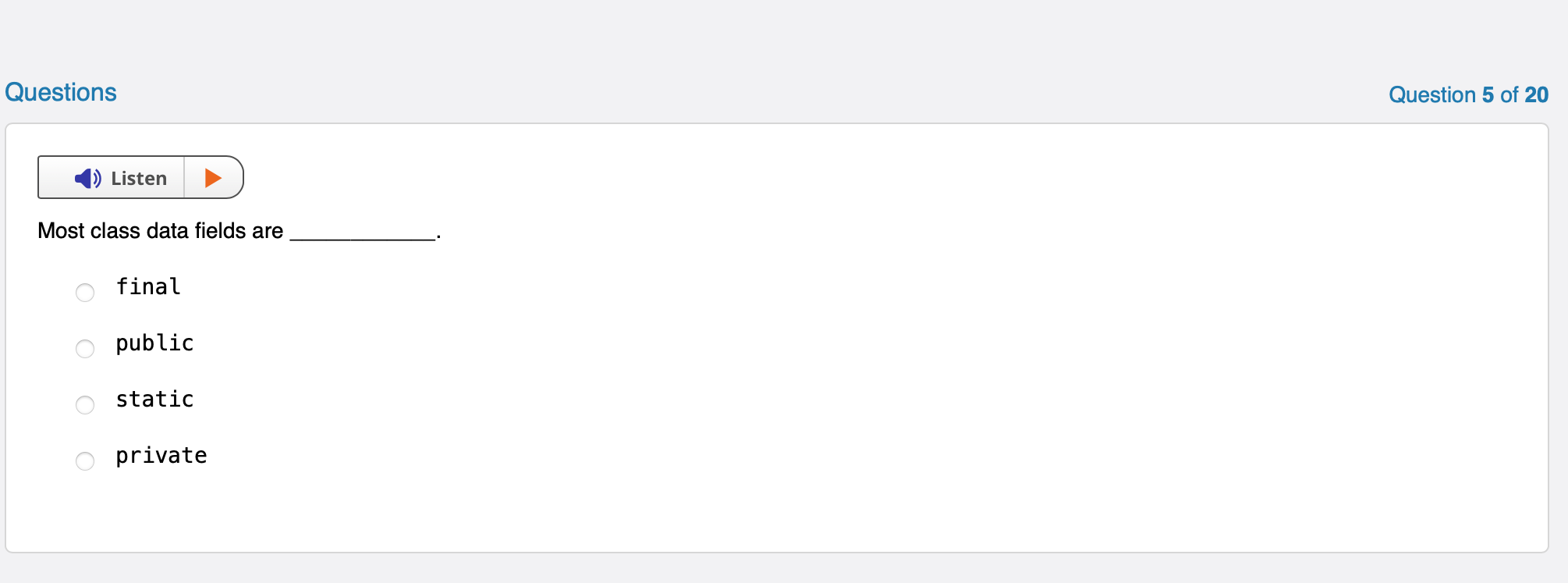Solved Most class data fields are final public static | Chegg.com