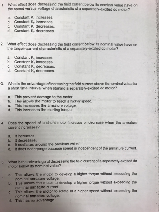 Solved What effect does decreasing the field current the | Chegg.com