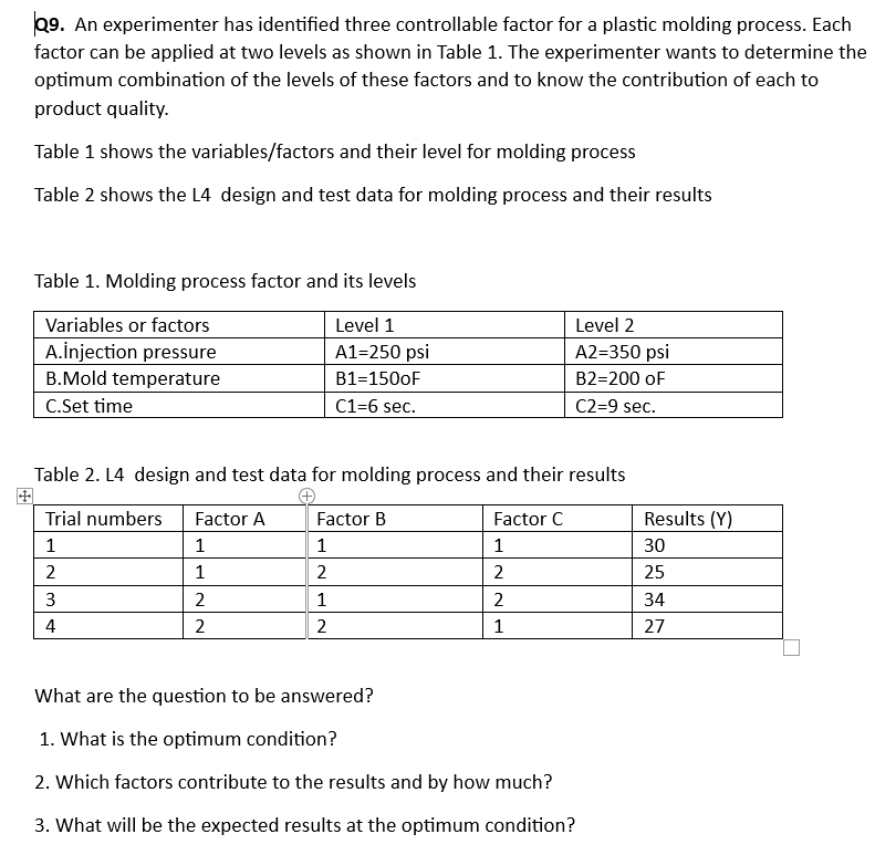 Solved Q9. An experimenter has identified three controllable | Chegg.com