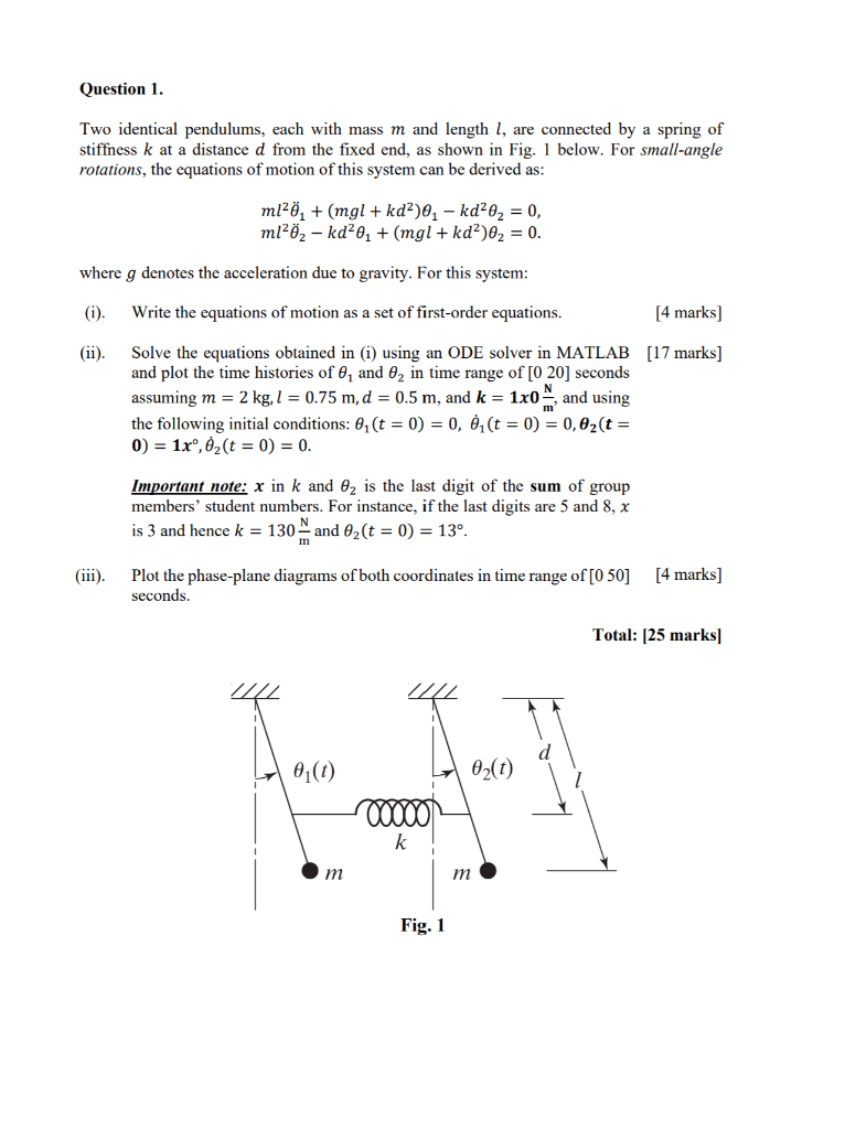 Solved Question 1. Two identical pendulums, each with mass m | Chegg.com