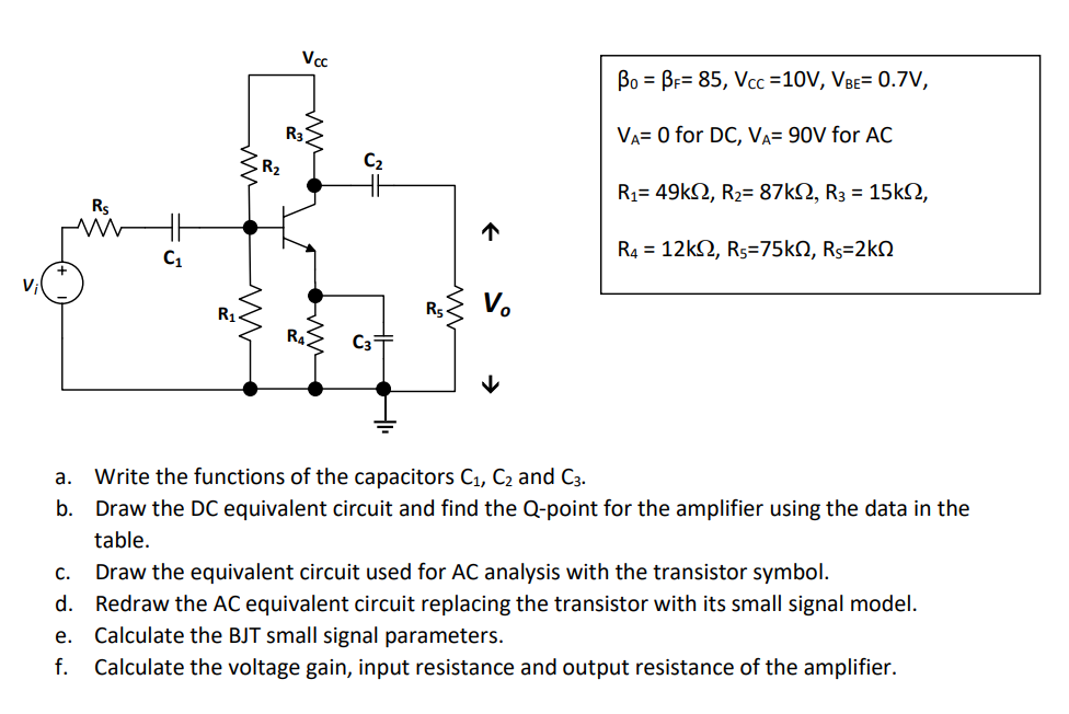 Solved β0=βF=85,VCC=10 V,VBE=0.7 VVA=0 for DC,VA=90 V for | Chegg.com