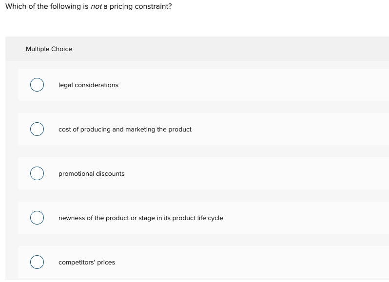 Solved Which of the following is not a pricing constraint? 1 | Chegg.com