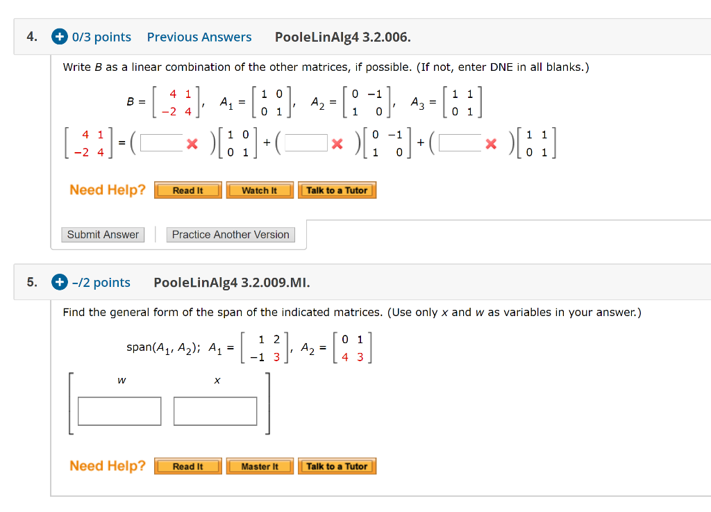 Solved 4. + 0/3 points Previous Answers PoolelinAlg4 | Chegg.com