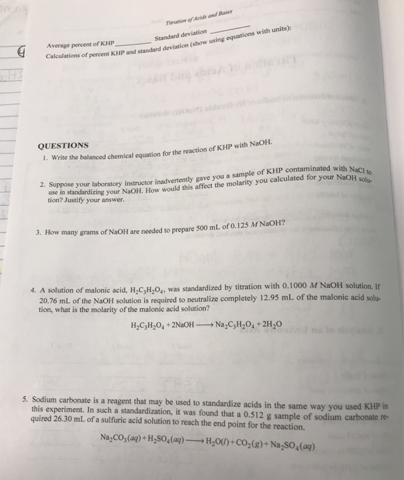 Solved Timarion of Acids and Bases Average percent of KHP | Chegg.com