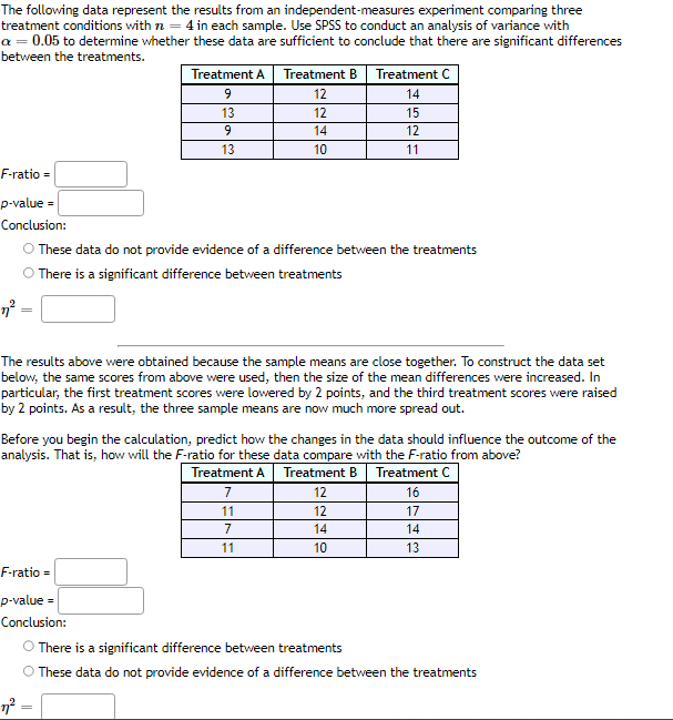 Solved The following data represent the results from an | Chegg.com