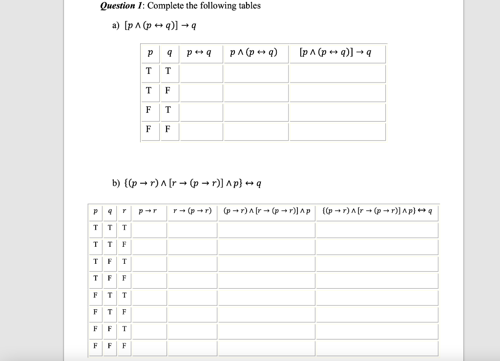 Solved Question 1: Complete the following tables a) | Chegg.com