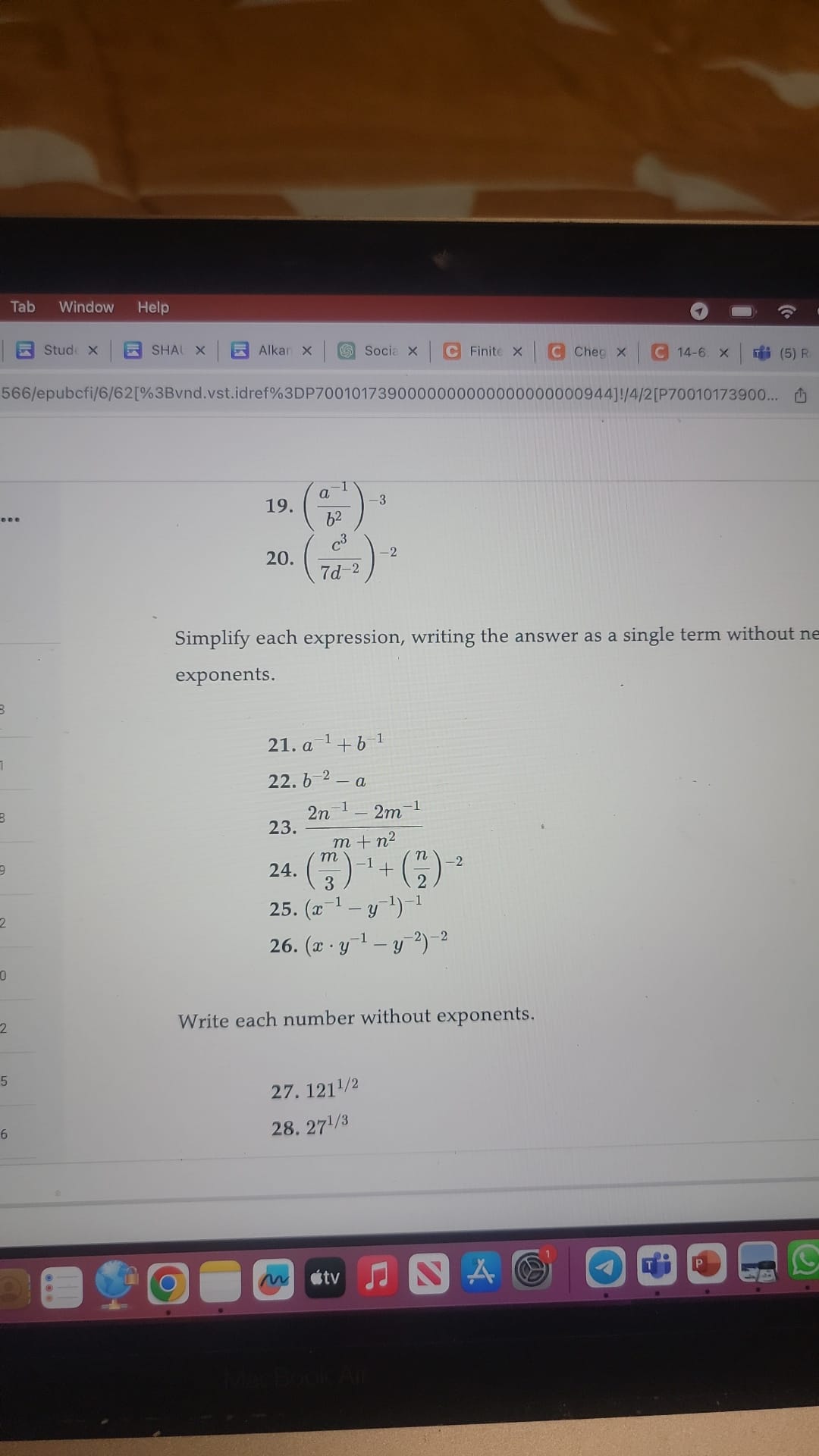 Solved 19. (b2a−1)−3 20. (7d−2c3)−2 Simplify each | Chegg.com
