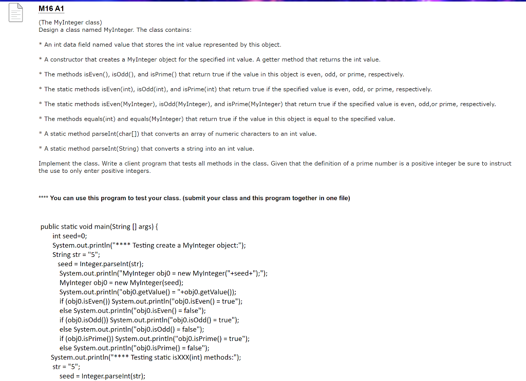 Solved Need Help With This Asap (The MyInteger class) Design | Chegg.com