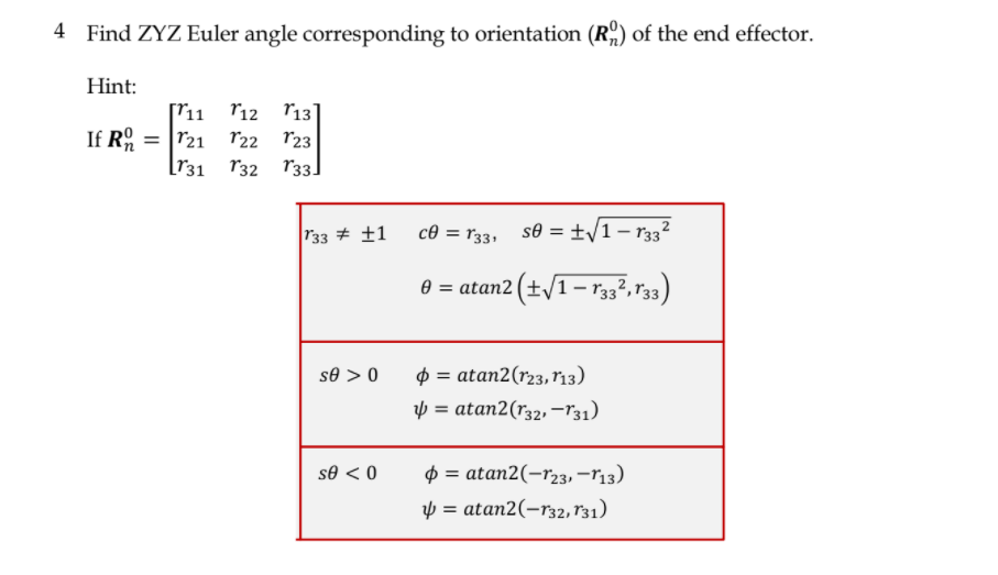 Solved 4 Find ZYZ Euler angle corresponding to orientation | Chegg.com