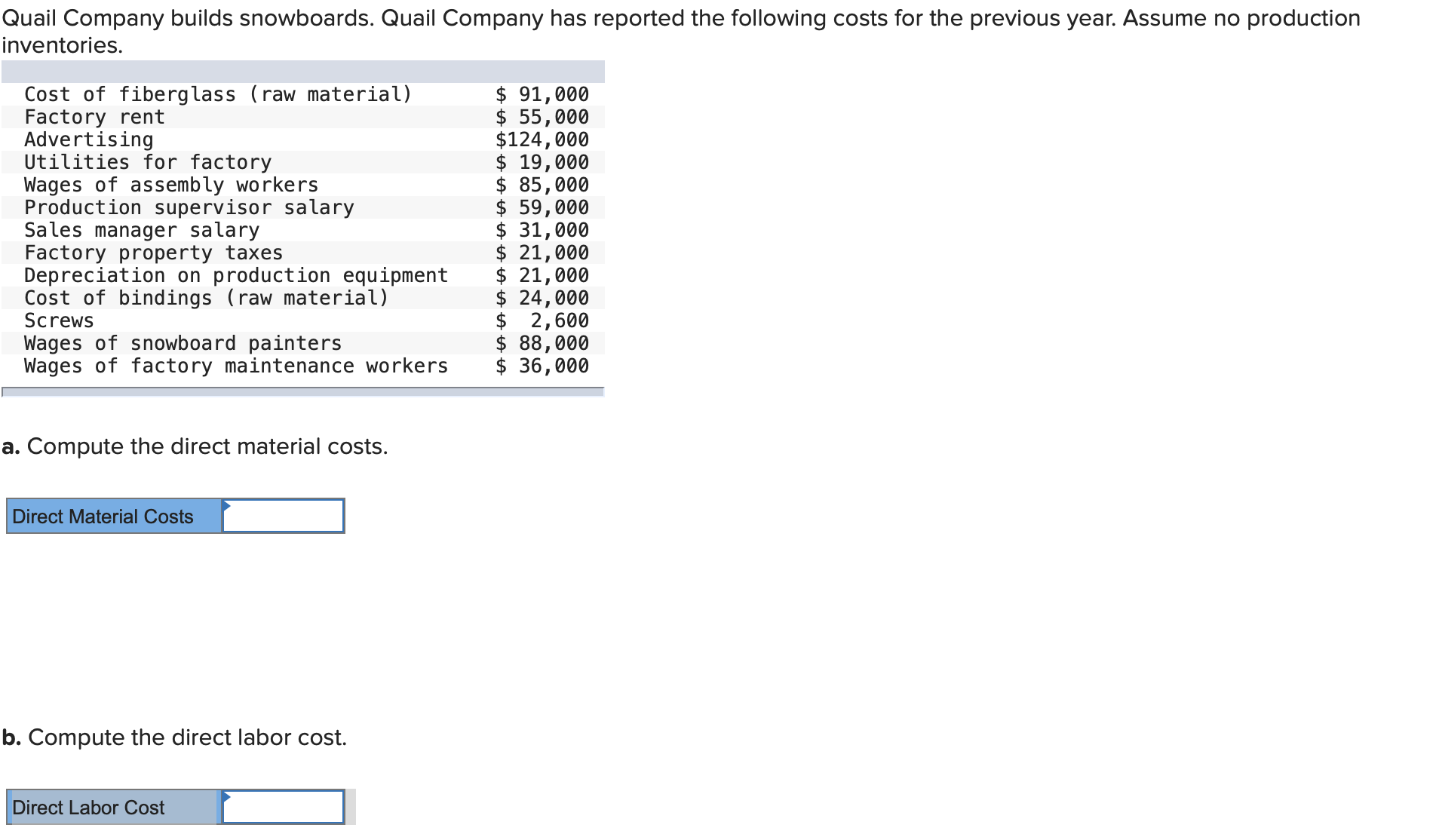 Solved A Compute The Direct Material Costs B Compute The