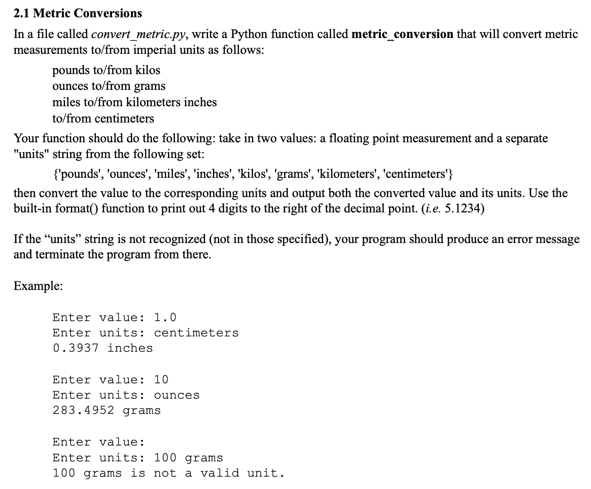 Solved ounces 2.1 Metric Conversions In a file called | Chegg.com