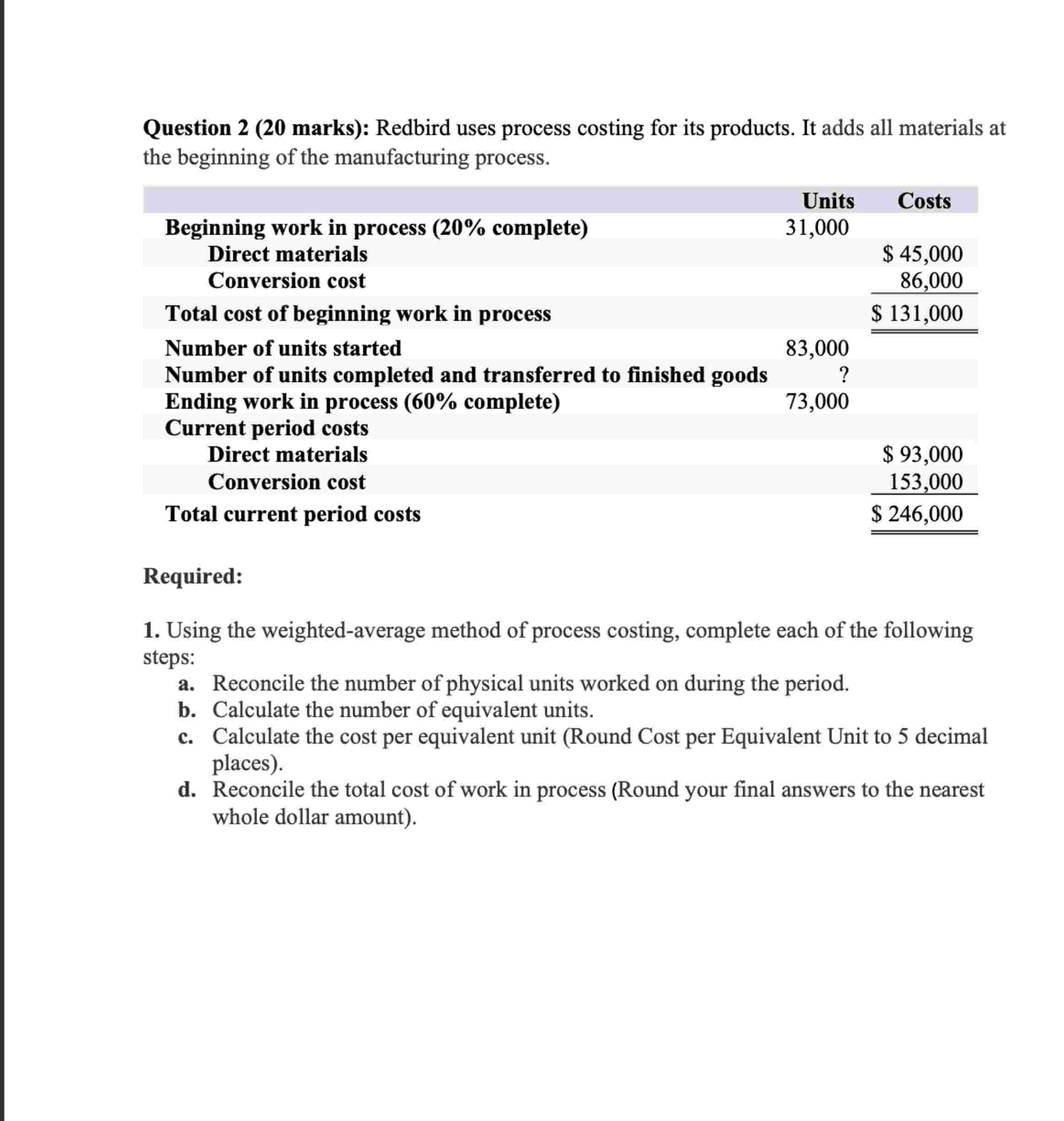 Solved Question 2 (20 ﻿marks): Redbird uses process costing | Chegg.com