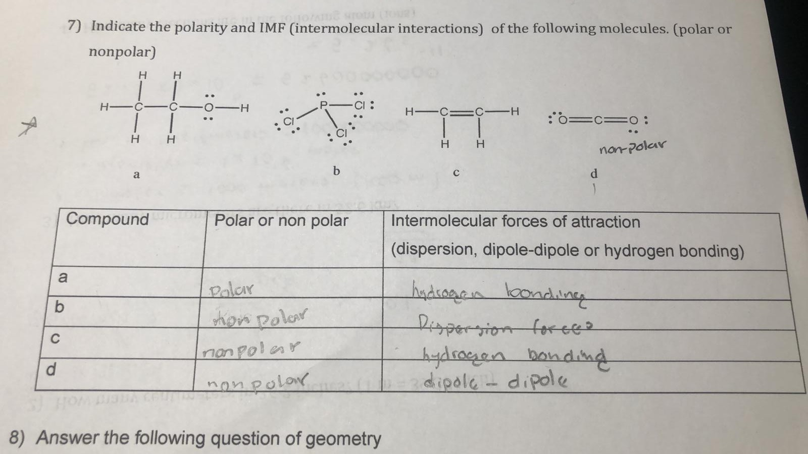 Solved 7) Indicate the polarity and IMF (intermolecular | Chegg.com